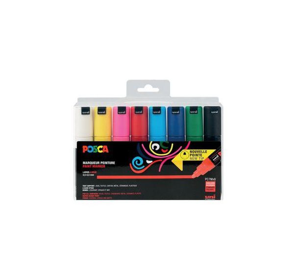 Boîte 8 marqueurs POSCA assortis pointe conique large PC7M | Manutan ...